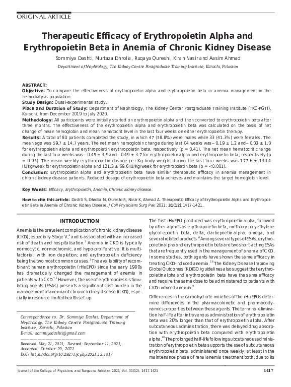 (PDF) Therapeutic Efficacy of Erythropoietin Alpha and Erythropoietin ...