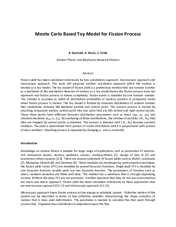 (PDF) Monte Carlo based toy model for fission process