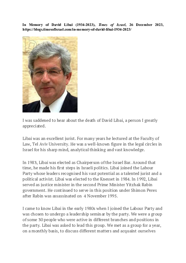(PDF) In Memory of David Libai (1934-2023)