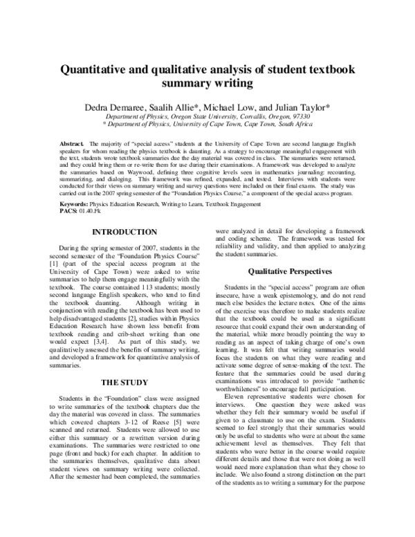 (PDF) Quantitative and qualitative analysis of student textbook summary ...
