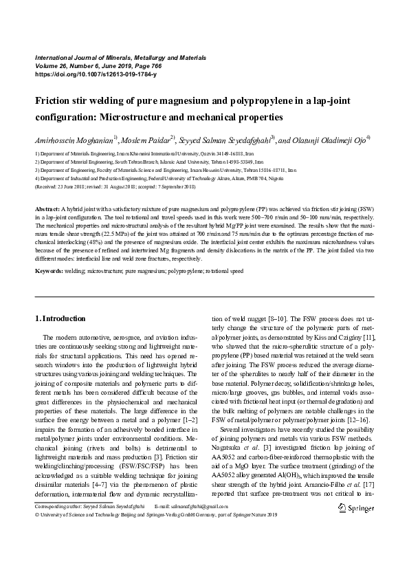 (PDF) Friction stir welding of pure magnesium and polypropylene in a ...