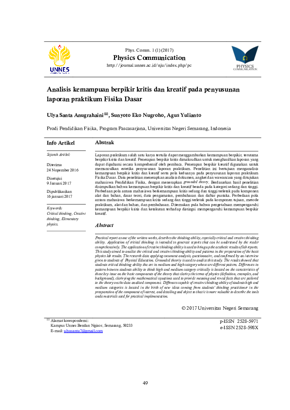(PDF) Analisis kemampuan berpikir kritis dan kreatif pada penyusunan laporan praktikum Fisika Dasar
