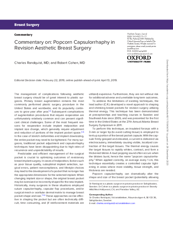 (PDF) Commentary on: Popcorn Capsulorrhaphy in Revision Aesthetic ...