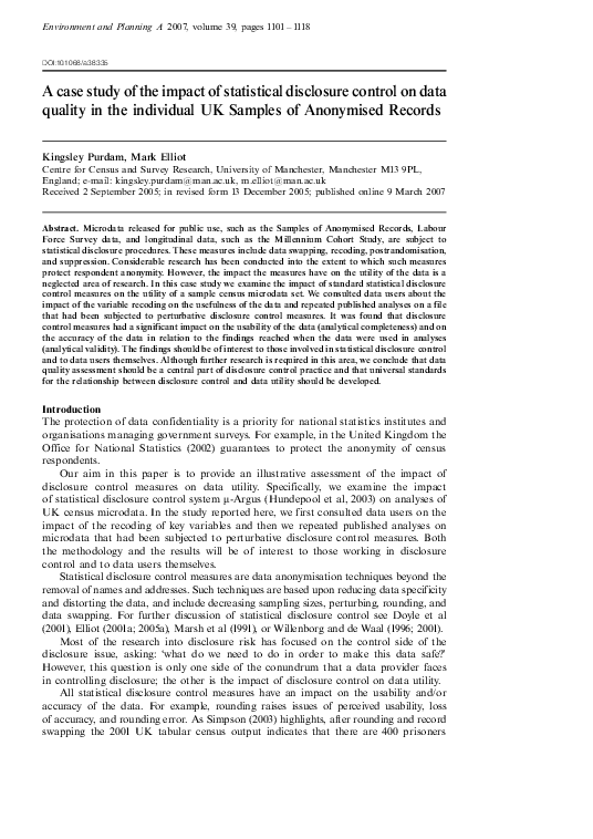 (PDF) A Case Study of the Impact of Statistical Disclosure Control on Data Quality in the ...