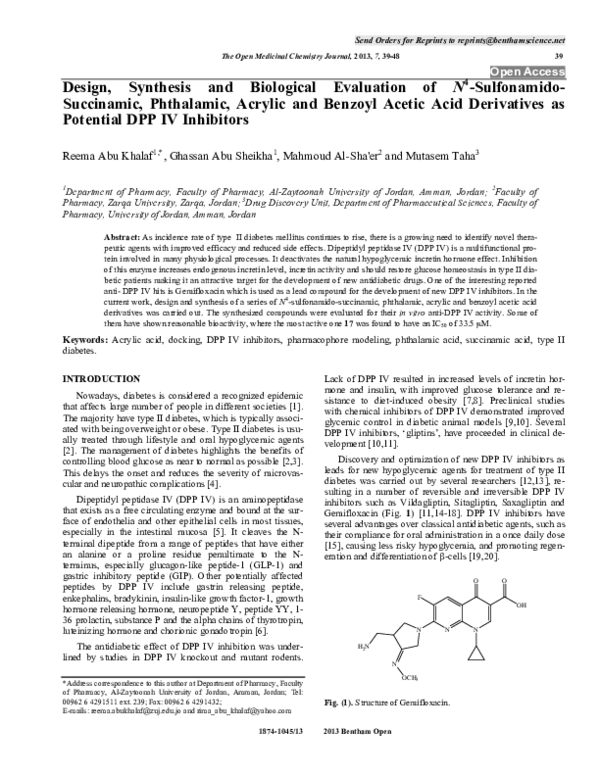 (PDF) Design, Synthesis and Biological Evaluation of N4-Sulfonamido-Succinamic, Phthalamic ...