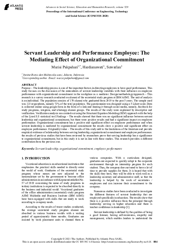 (PDF) Servant Leadership and Performance Employee: The Mediating Effect of Organizational Commitment