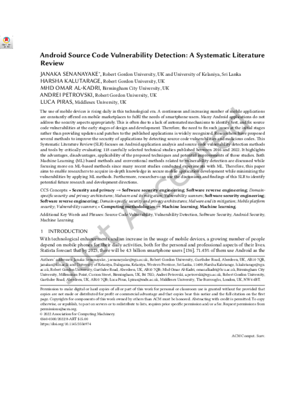 Pdf Systematic Review Of Android Source Code Vulnerability Detection