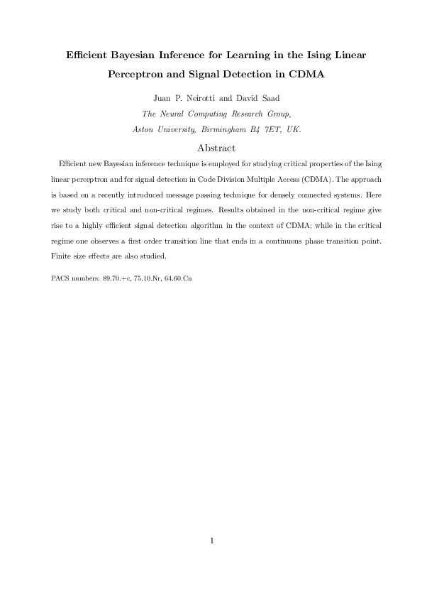 (PDF) Efficient Bayesian inference for learning in the Ising linear perceptron and signal ...