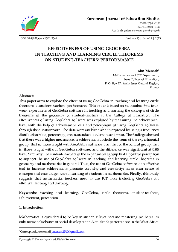 (PDF) Effectiveness of Using Geogebra in Teaching and Learning Circle Theorems on Student ...
