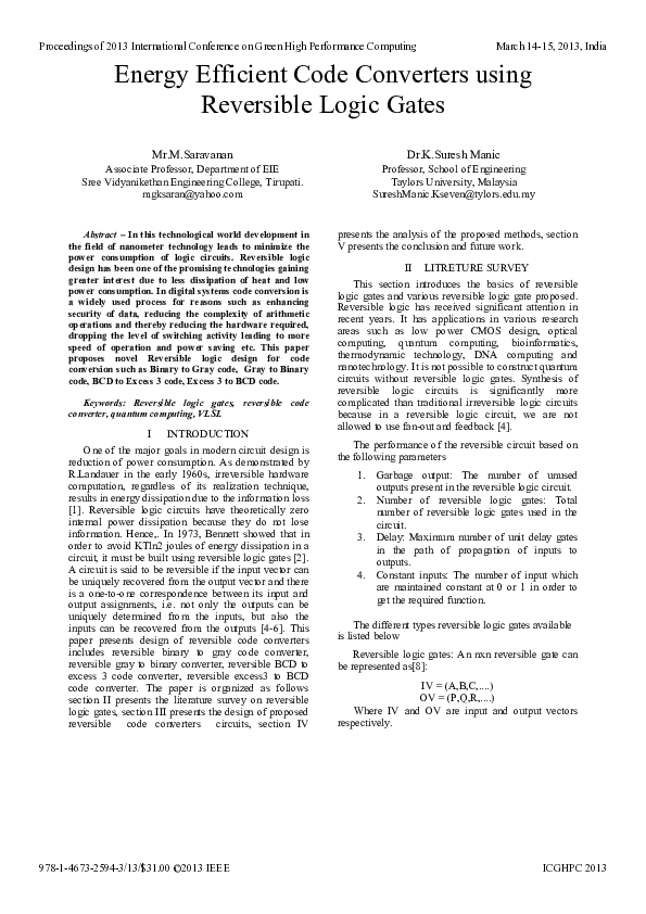 (PDF) Energy efficient code converters using reversible logic gates
