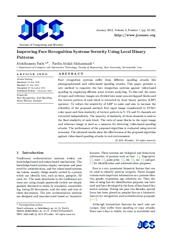Pdf Improving Face Recognition Systems Security Using Local Binary