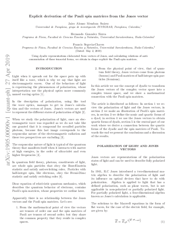 (PDF) Explicit derivation of the Pauli spin matrices from the Jones vector