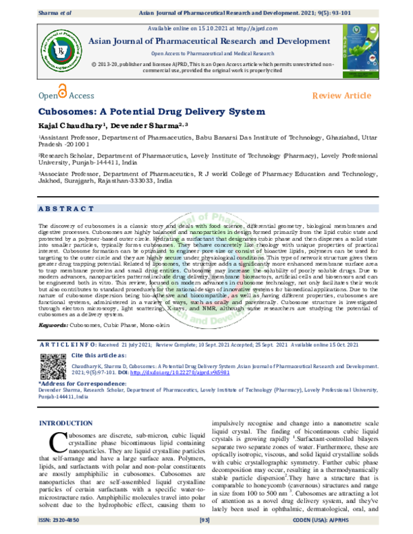 (PDF) Cubosomes: A Potential Drug Delivery System