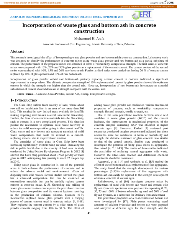 (PDF) Incorporation of waste glass and bottom ash in concrete construction