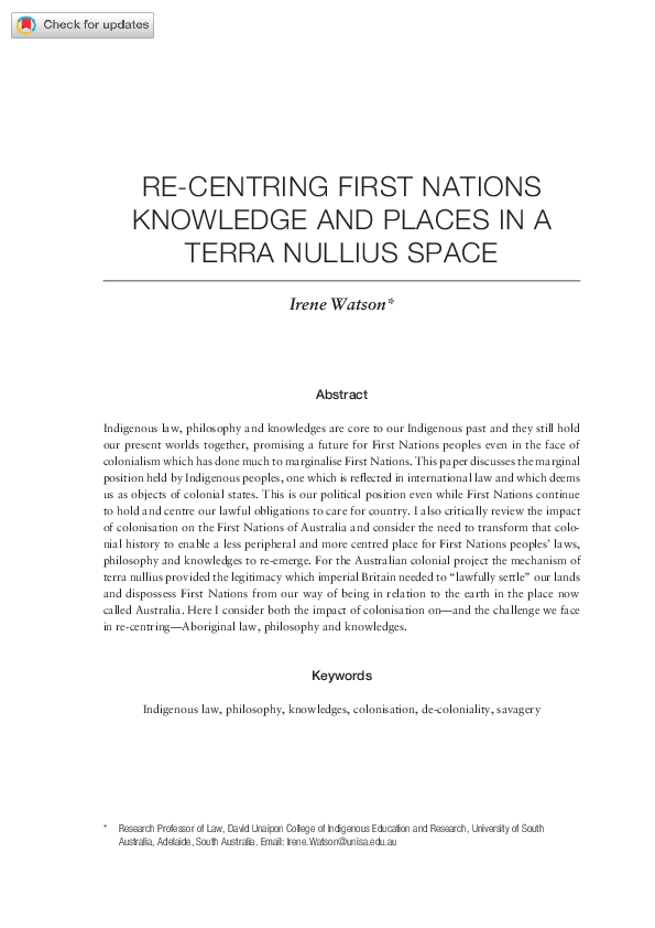 (PDF) Re-Centring First Nations Knowledge and Places in a Terra Nullius ...