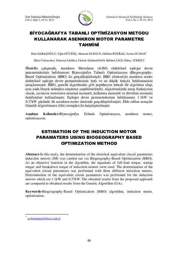 (PDF) Estimation of the Induction Motor Parameters Using Biogeography Based Optimization Method