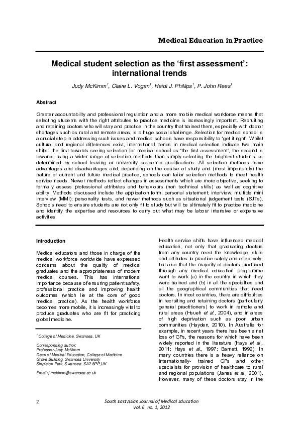 (PDF) Medical student selection as the ‘first assessment ...