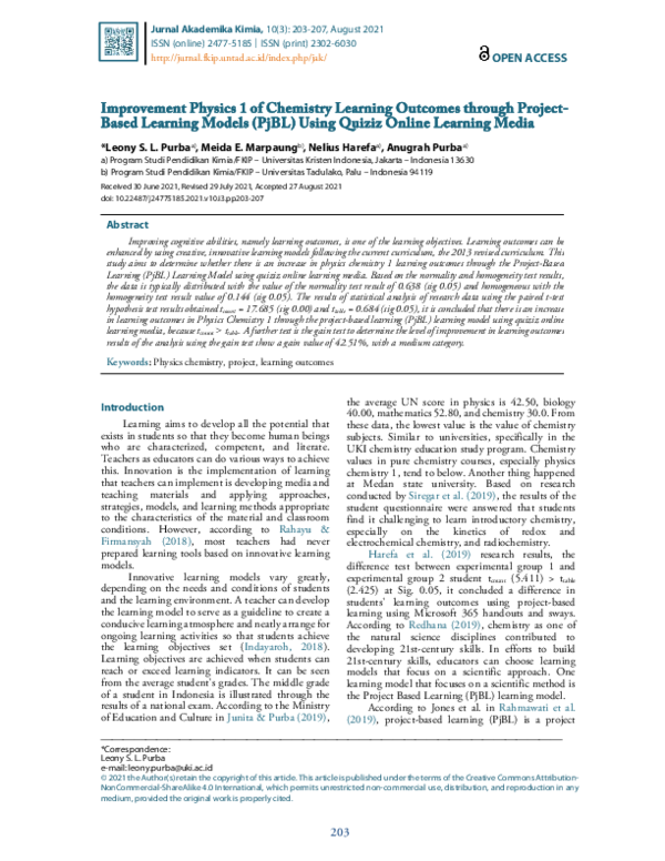 (PDF) Improvement Physics 1 of Chemistry Learning Outcomes Through Project-Based Learning Models ...