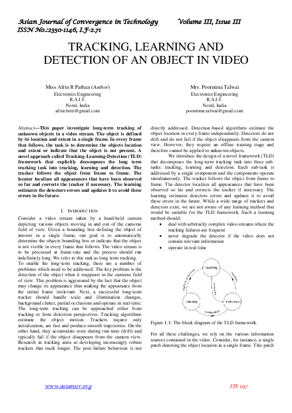 (PDF) Tracking, Learning and Detection of an Object in Video