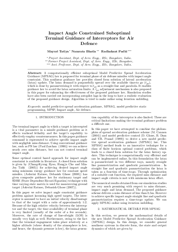 Pdf Impact Angle Constrained Suboptimal Terminal Guidance Of Interceptors For Air Defence