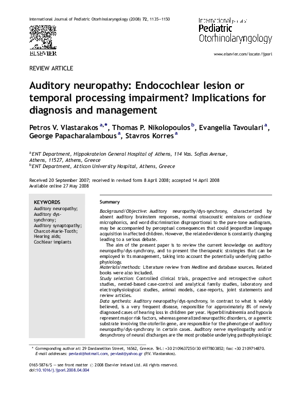 (PDF) Auditory neuropathy: Endocochlear lesion or temporal processing ...