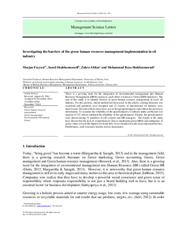 (PDF) Investigating the barriers of the green human resource management implementation in oil ...