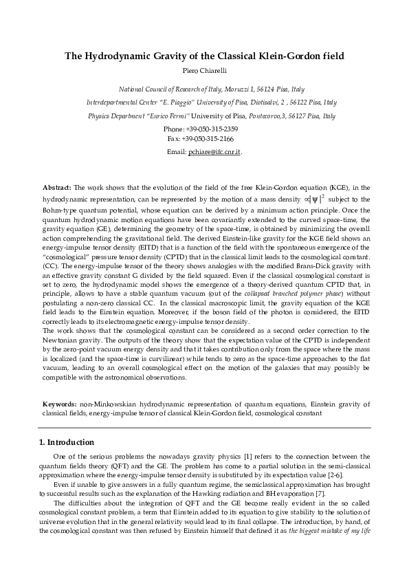 (PDF) The Hydrodynamic Gravity of the Classical Klein-Gordon field