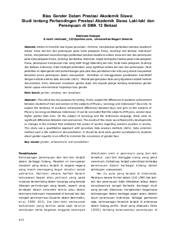 (PDF) Bias Gender Dalam Prestasi Akademik Siswa: Studi tentang Perbandingan Prestasi Akademik ...