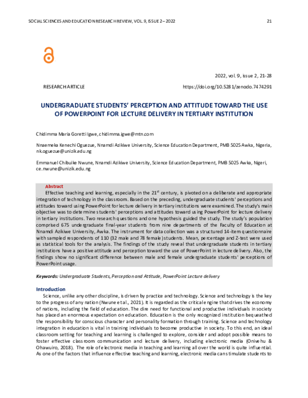 (PDF) Undergraduate Students' Perception and Attitude Toward the Use of ...