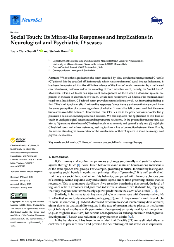 (PDF) Social Touch: Its Mirror-like Responses and Implications in ...