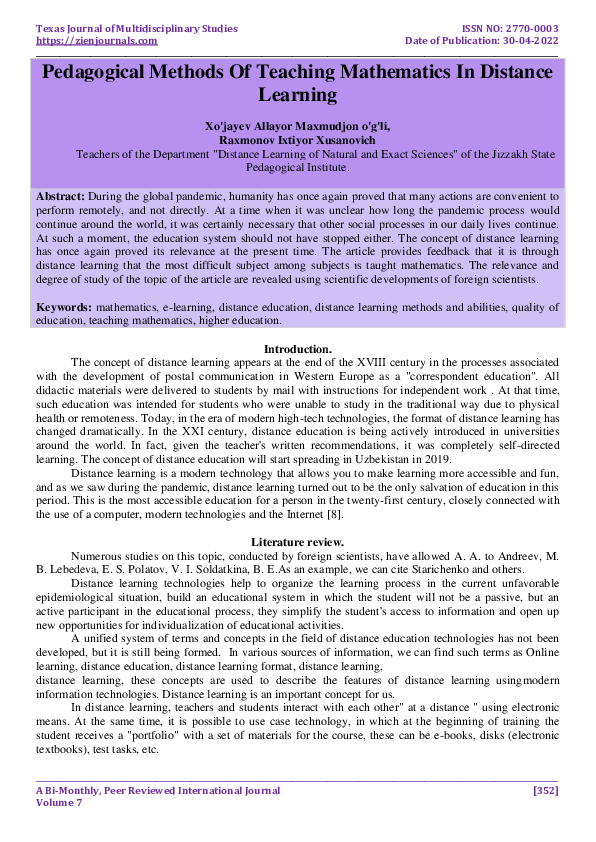 (PDF) Pedagogical Methods Of Teaching Mathematics In Distance Learning