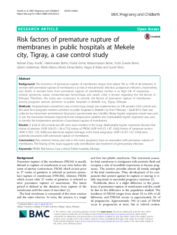 (PDF) Risk factors of premature rupture of membranes in public ...