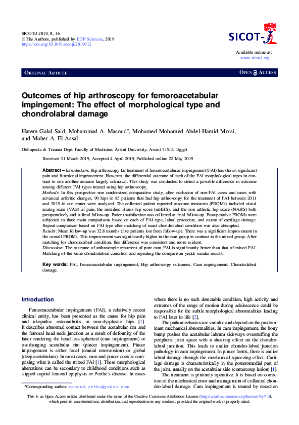 (PDF) Outcomes of hip arthroscopy for femoroacetabular impingement: The ...