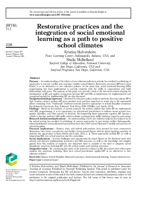 (PDF) Restorative practices and the integration of social emotional ...