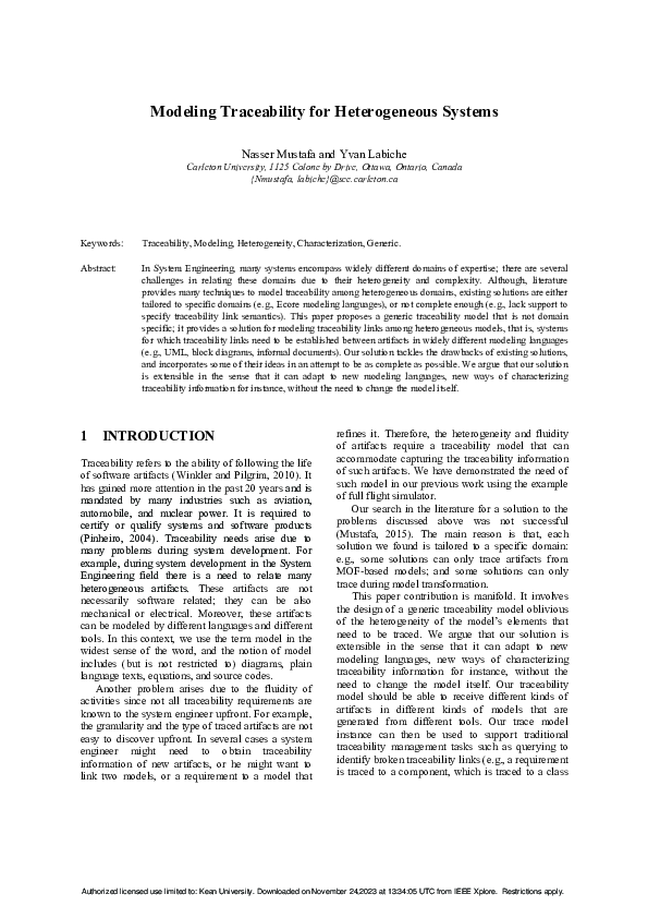 (PDF) Modeling Traceability for Heterogeneous Systems