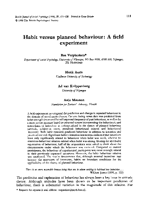 (PDF) Habit versus planned behaviour: A field experiment
