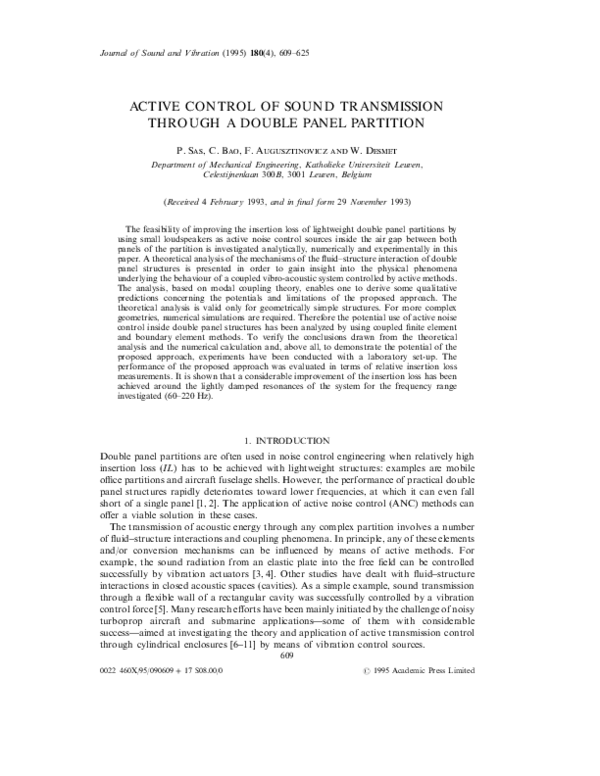 (PDF) Active control of sound transmission through a double panel partition