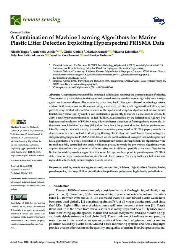 Pdf A Combination Of Machine Learning Algorithms For Marine Plastic Litter Detection
