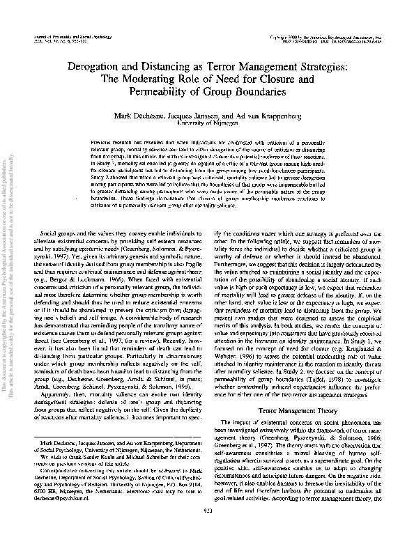(PDF) Derogation and distancing as terror management strategies: The ...