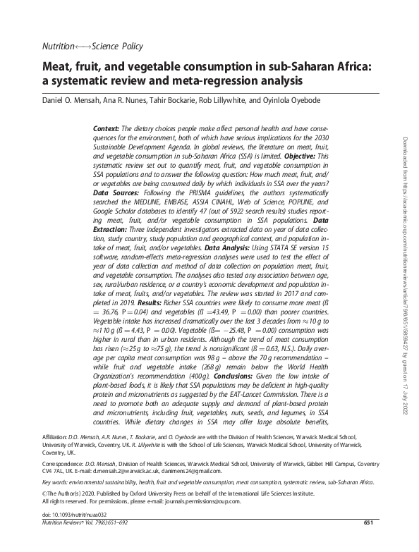 (PDF) Meat, fruit, and vegetable consumption in sub-Saharan Africa: a ...