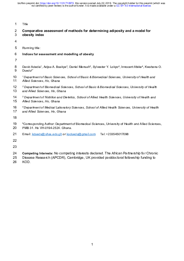 Pdf Comparative Assessment Of Methods For Determining Adiposity And A