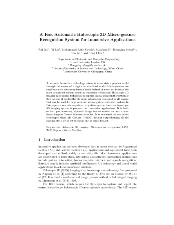 (PDF) A Fast Automatic Holoscopic 3D Micro-gesture Recognition System for Immersive Applications