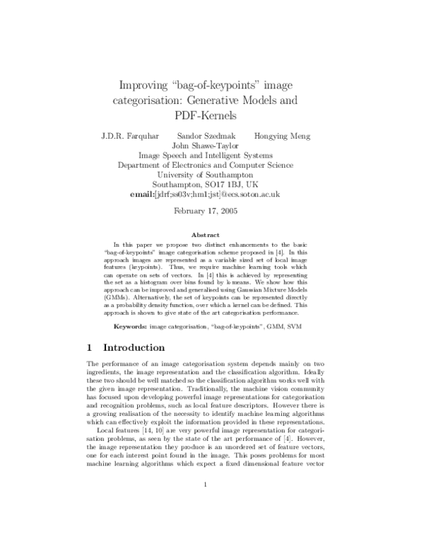 (PDF) Improving "bag-of-keypoints" image categorisation: Generative Models and PDF-Kernels