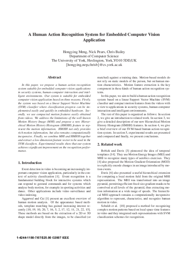 (PDF) A Human Action Recognition System for Embedded Computer Vision Application