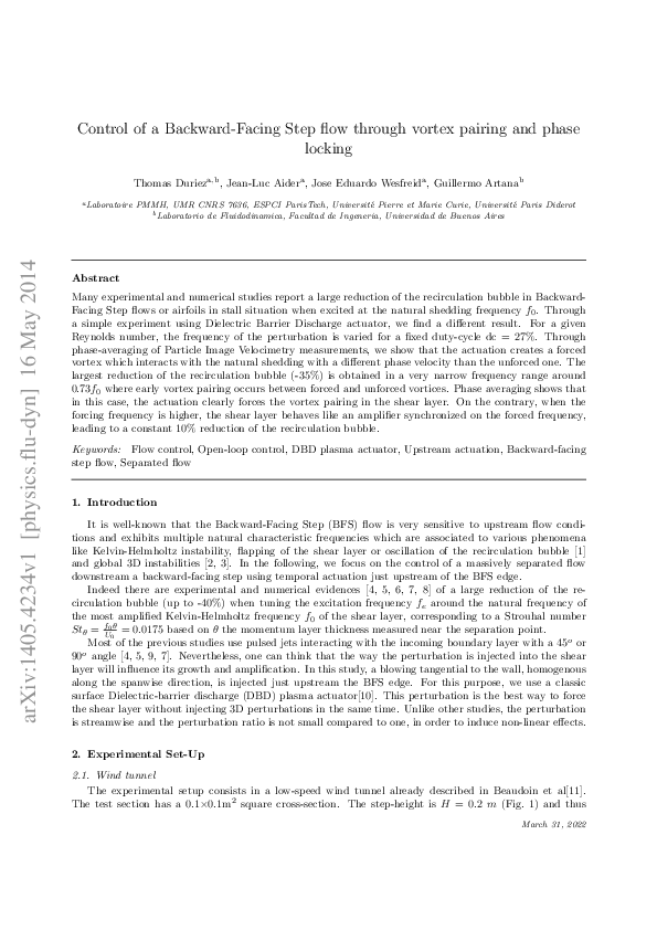 (PDF) Control of a Backward-Facing Step flow through vortex pairing and ...