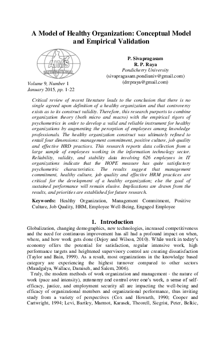 (PDF) A Model of Healthy Organization: Conceptual Model and Empirical Validation