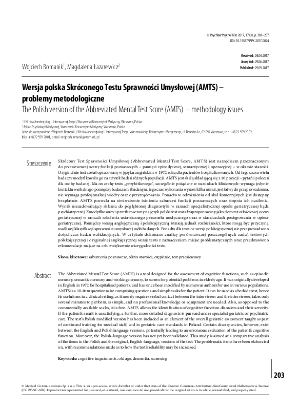 (PDF) The Polish version of the Abbreviated Mental Test Score (AMTS ...