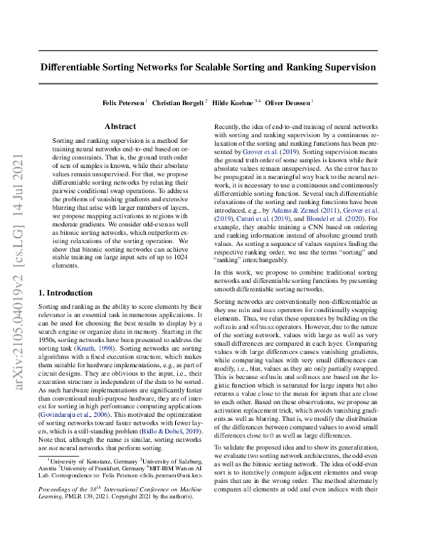 (PDF) Differentiable Sorting Networks for Scalable Sorting and Ranking Supervision