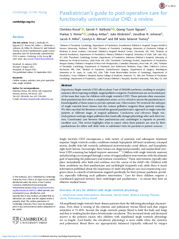 (PDF) Paediatrician’s guide to post-operative care for functionally univentricular CHD: a review
