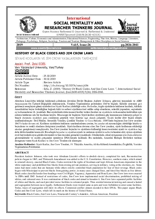 (PDF) History of Black Codes and Jim Crow Laws